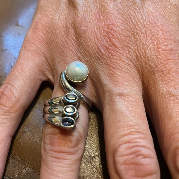 Jewelry | Sterling Silver Ring W Large Pearl Iolite Stones Super Funky ...